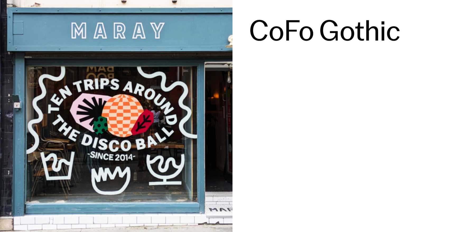 “Ten Trips Around the Disco Ball” window painting for Maray - Fonts In Use