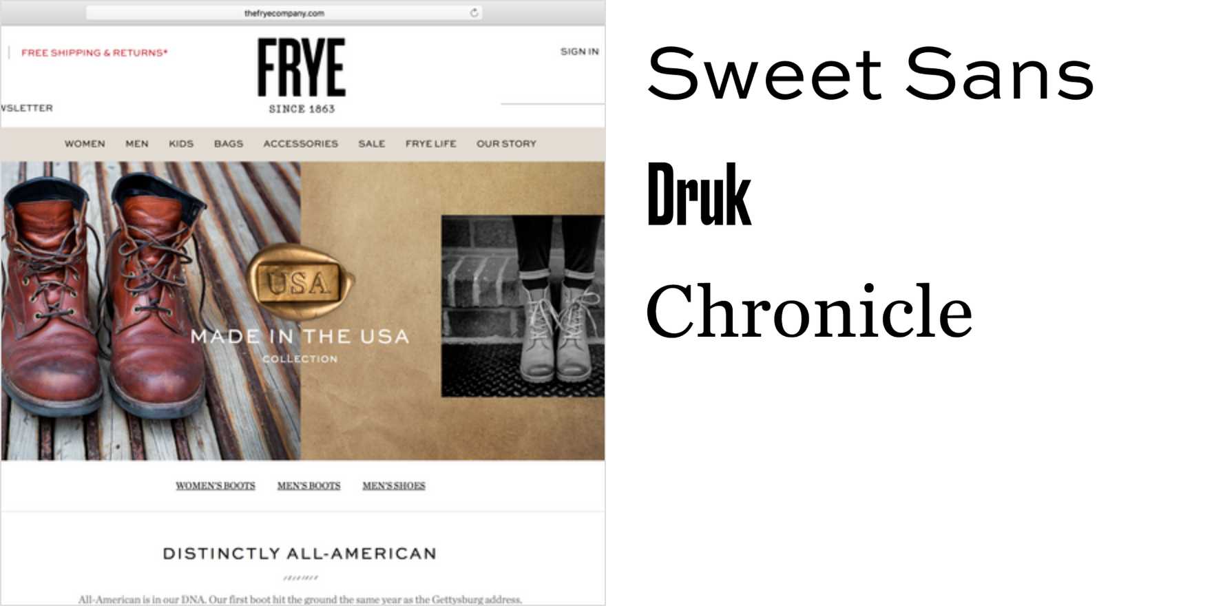 The Frye Company website - Fonts In Use