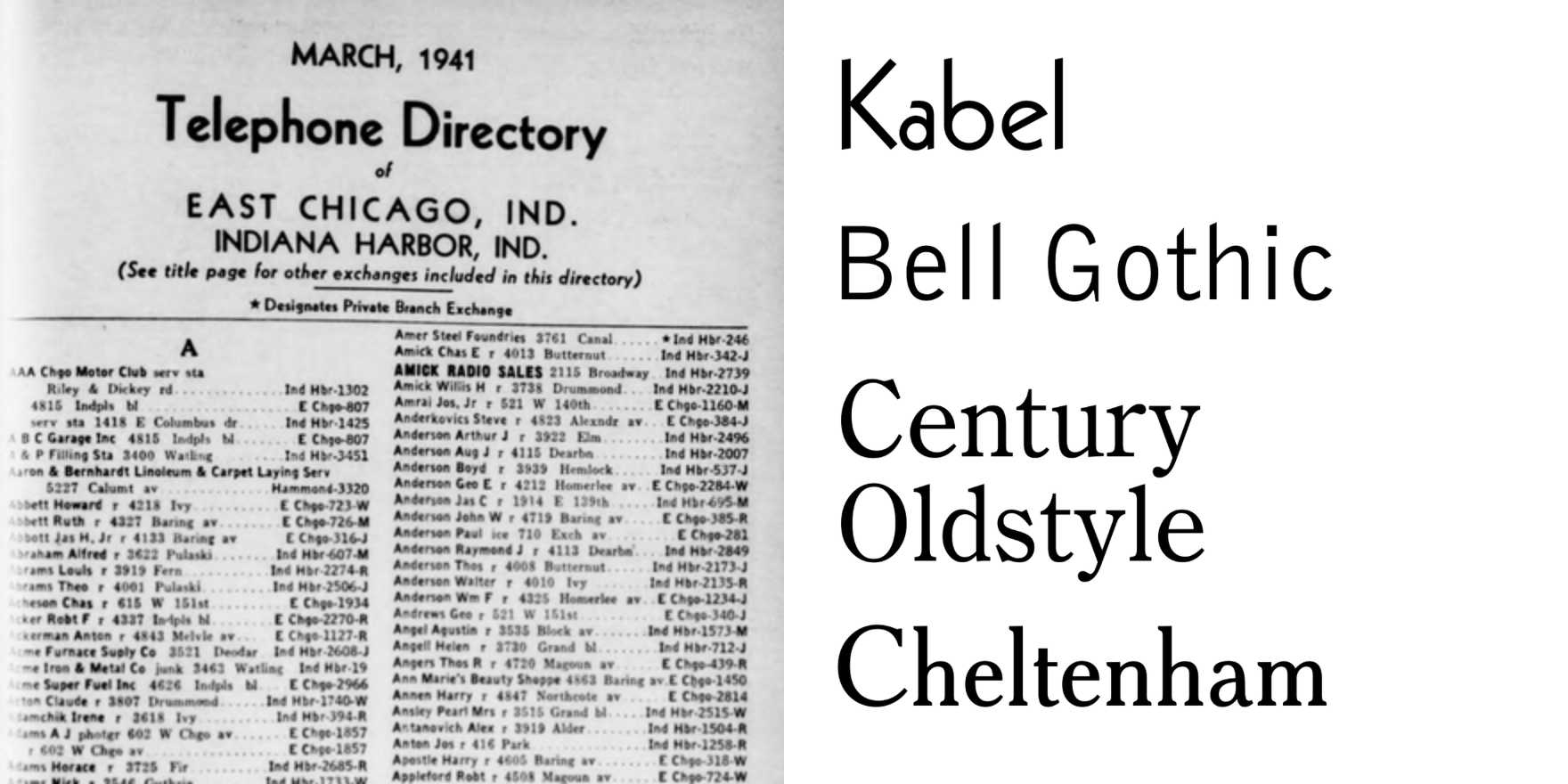 East Chicago Telephone Directory, March 1941 - Fonts In Use