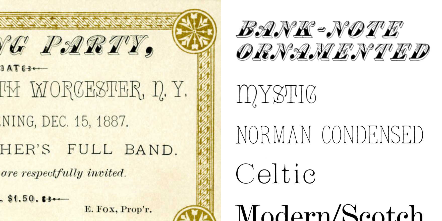 Opening Party ticket, Fox’s Hall South Worcester, N.Y. - Fonts In Use