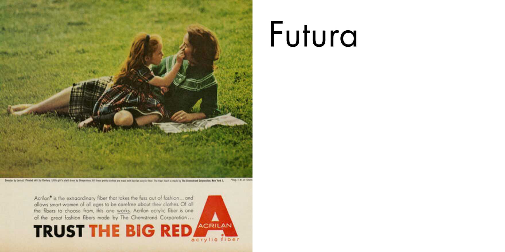 “Trust the Big Red A” ad for Acrilan acrylic fiber - Fonts In Use