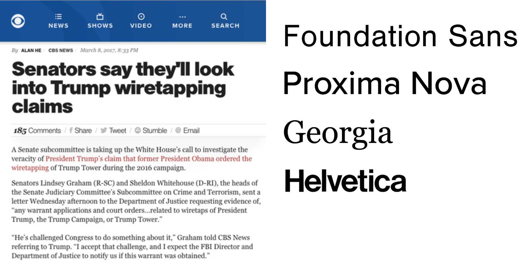 CBS News website, 2017 - Fonts In Use