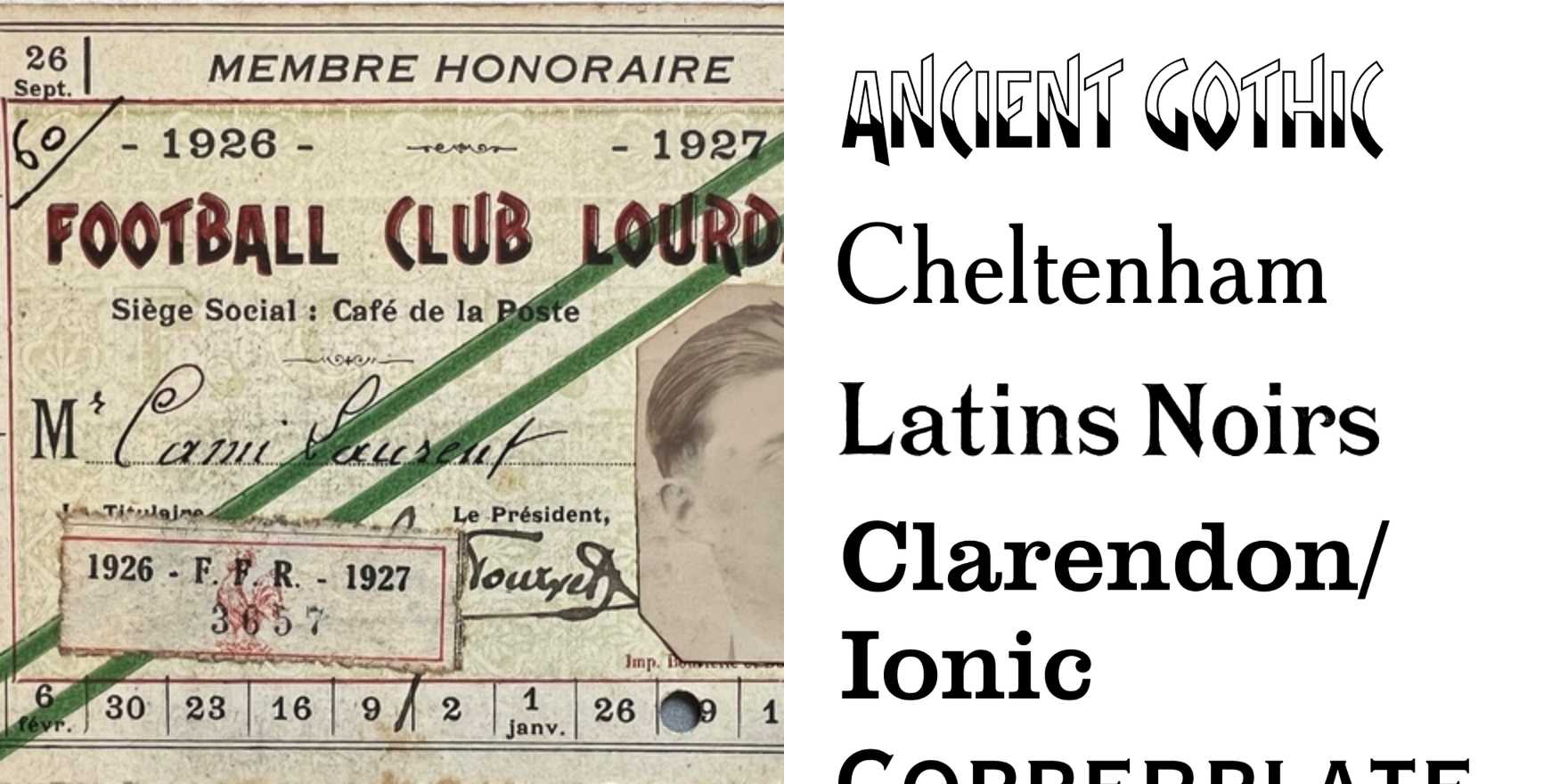 Honorary membership card, FC Lourdais - Fonts In Use