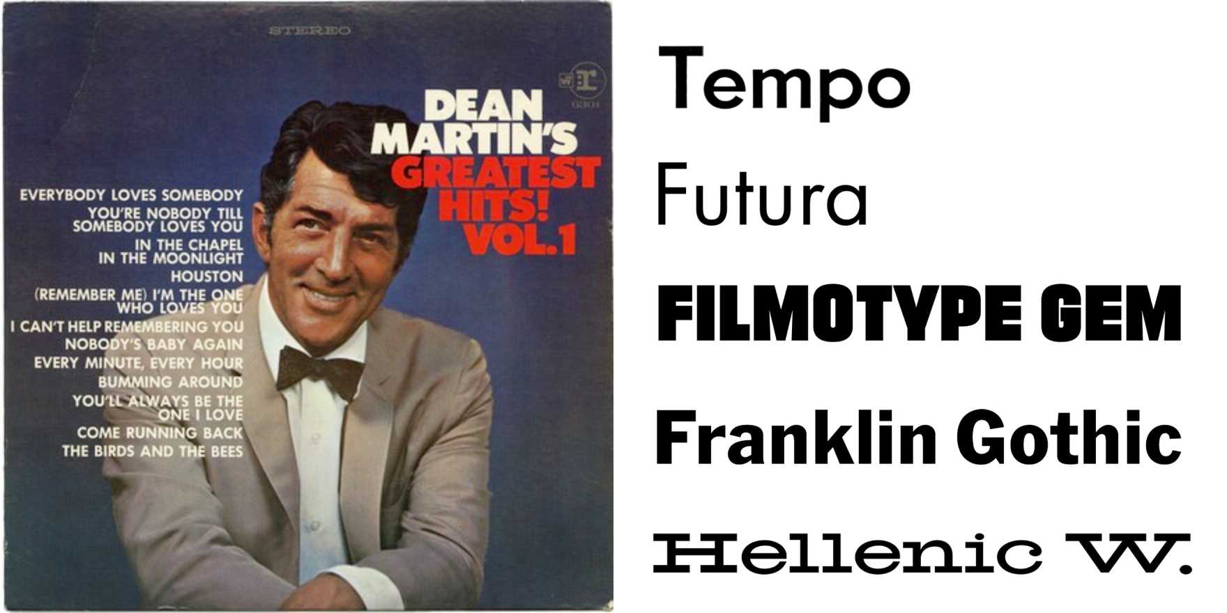 Dean Martin’s Greatest Hits! Vol. 1 and 2 album art - Fonts In Use