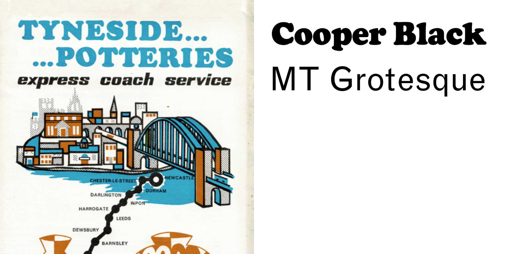 Tyneside Potteries express coach service timetable leaflet - Fonts In Use