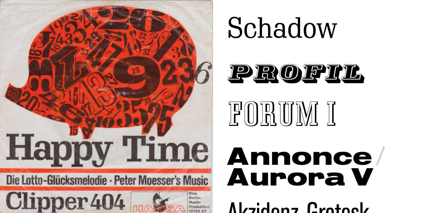 Peter Moesser’s Music ‎– “Happy Time” b/w “Clipper 404” - Fonts In Use