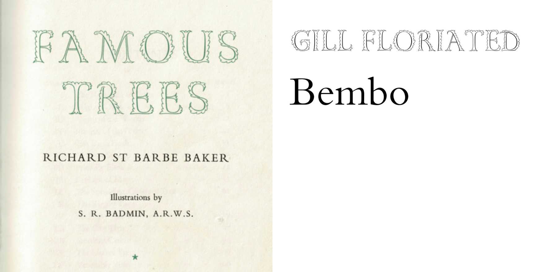 Famous Trees title page, Dropmore Press - Fonts In Use