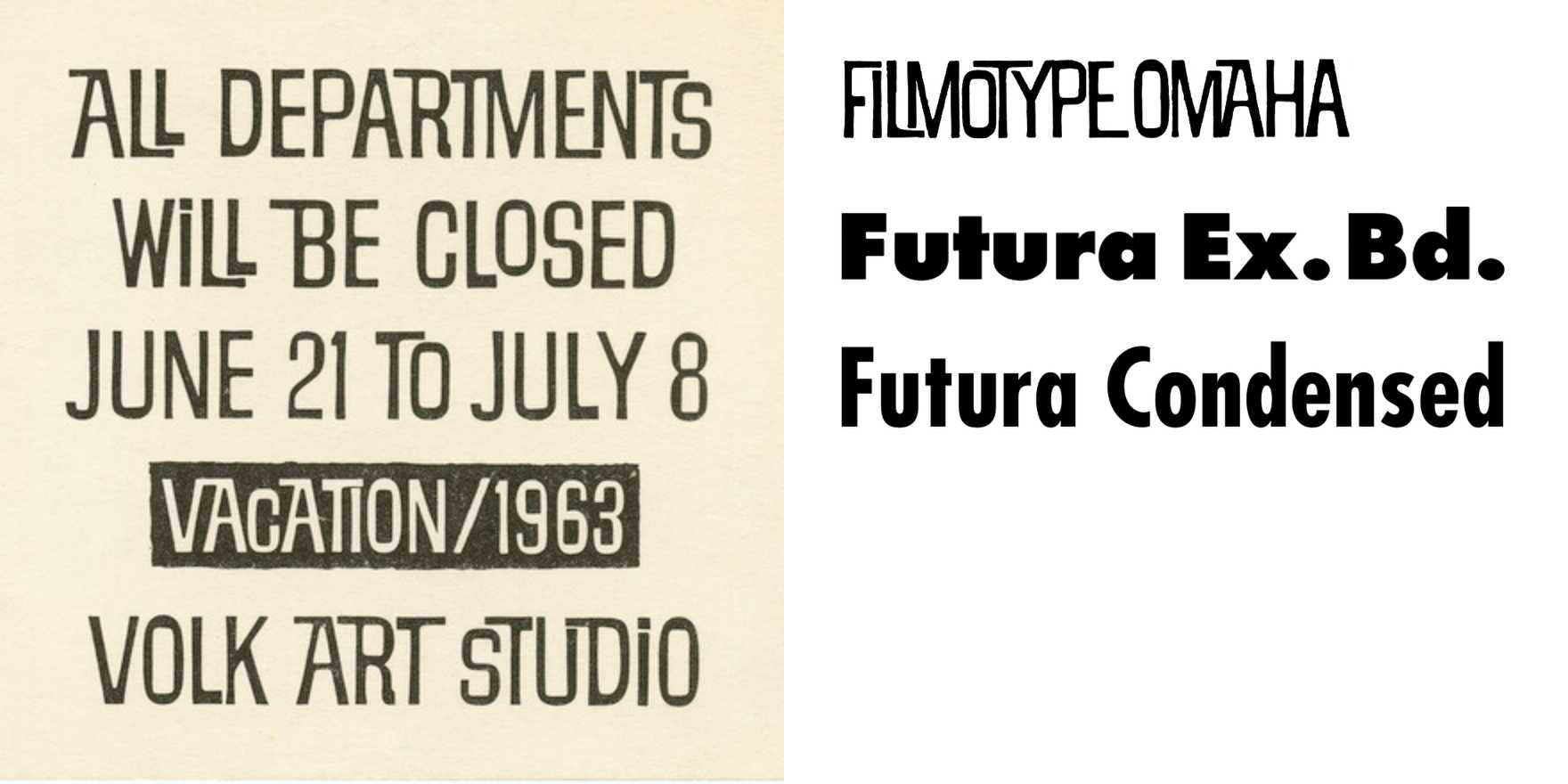 Volk Art Studio vacation notice 1963 - Fonts In Use